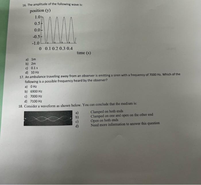 Solved 16. The amplitude of the following wave is: position | Chegg.com