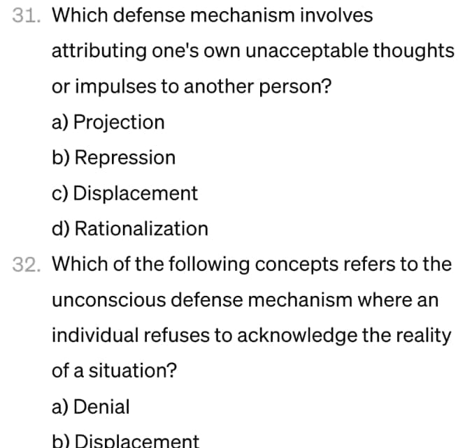 Solved Which defense mechanism involves attributing one's | Chegg.com