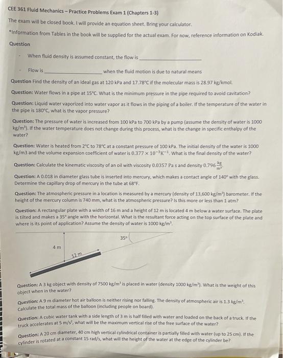 Solved CEE 361 Fluid Mechanics - Practice Problems Exam 1 | Chegg.com