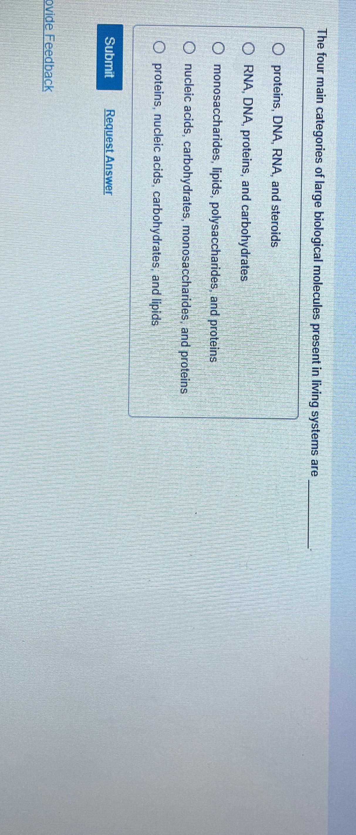 Solved The four main categories of large biological | Chegg.com