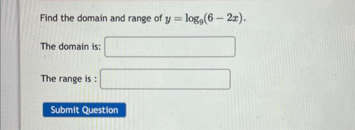 Solved Find the domain and range of y=log9(6−2x). The domain | Chegg.com