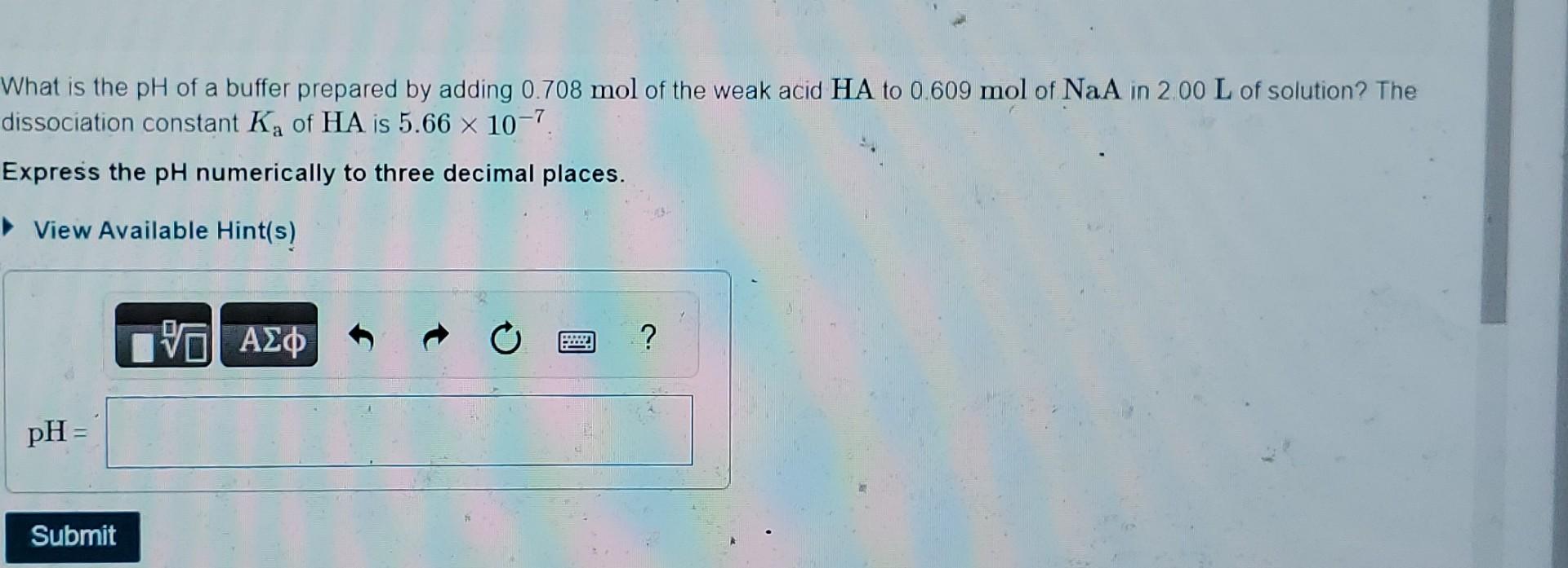 Solved What is the pH of a buffer prepared by adding 0.708 | Chegg.com
