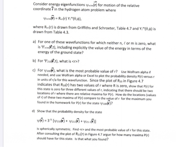 Solved Consider energy eigenfunctions Wnim(r) for motion of | Chegg.com
