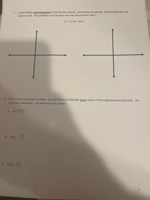 Solved 7. (7 pts) Sketch one full period of the function | Chegg.com