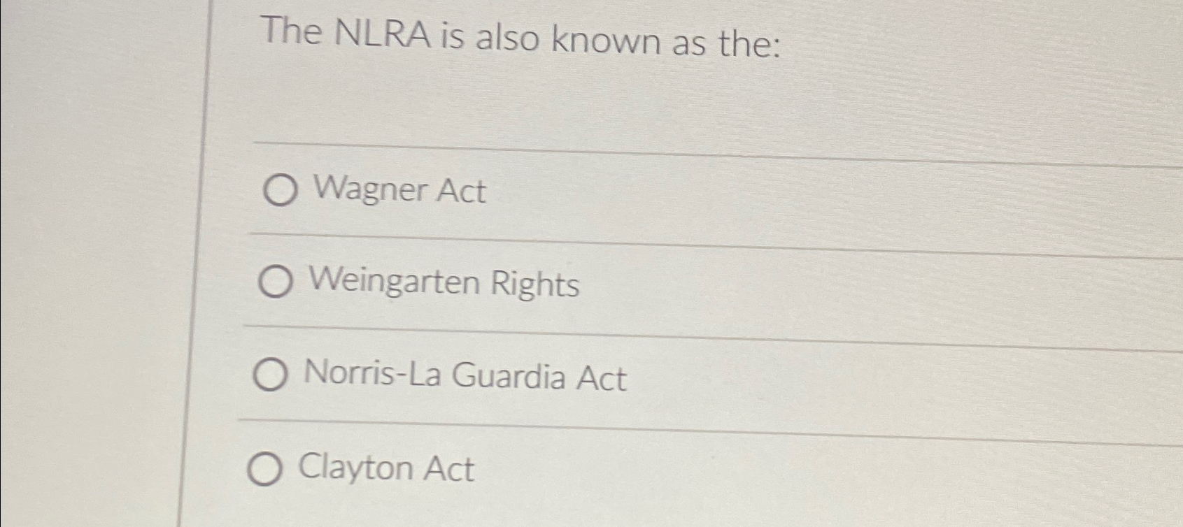 Solved The NLRA is also known as the:Wagner ActWeingarten | Chegg.com