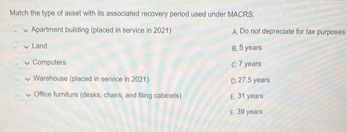Solved Match the type of asset with its associated recovery | Chegg.com