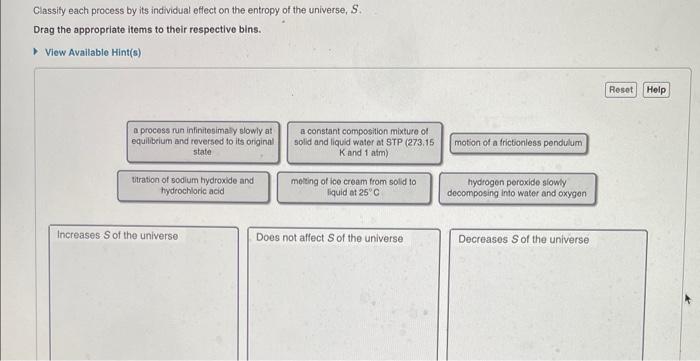 Solved Classity each process by its individual eflect on the | Chegg.com