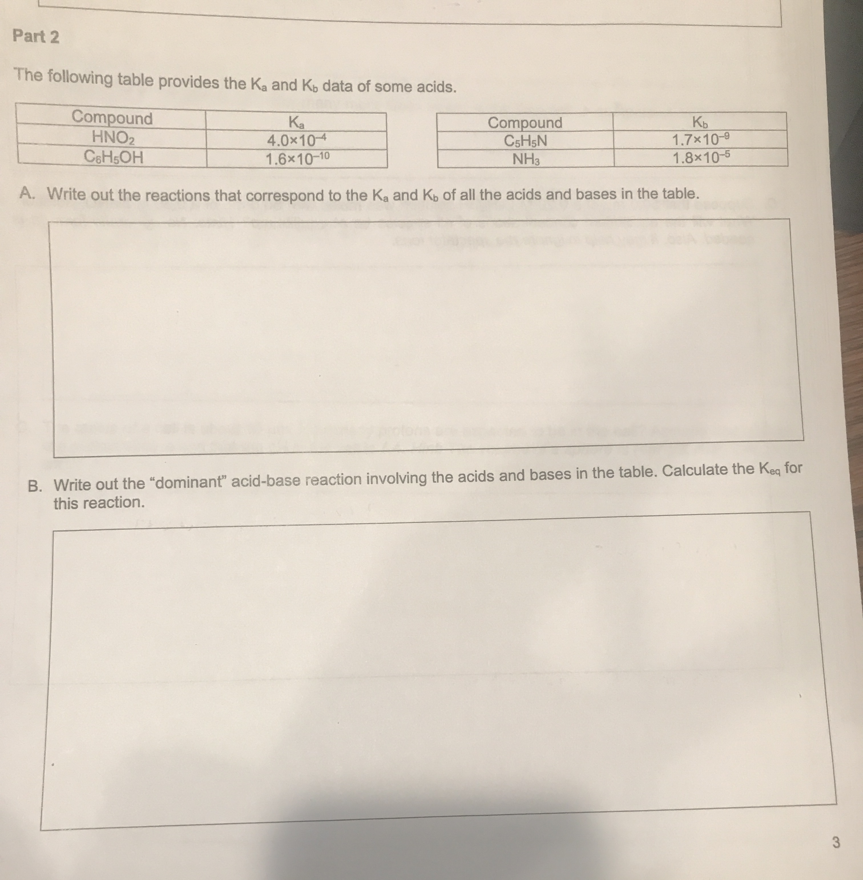Part 2The following table provides the Ka ﻿and Kb | Chegg.com