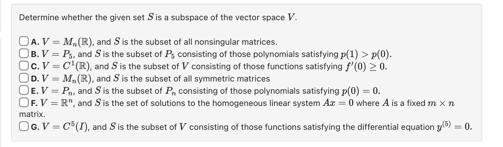 Solved Determine whether the given set S ﻿is a subspace of | Chegg.com