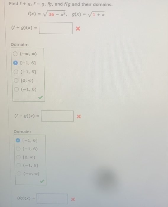 Solved Find f + g, f- g, fg, and f/g and their domains. f(x) | Chegg.com