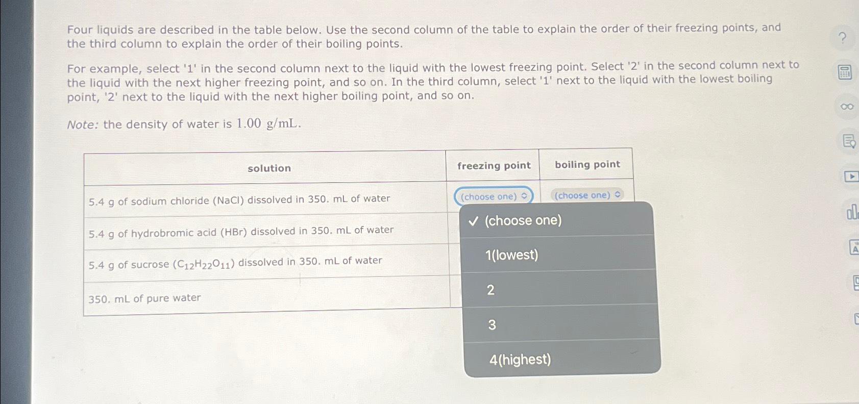 Solved Four liquids are described in the table below. Use | Chegg.com