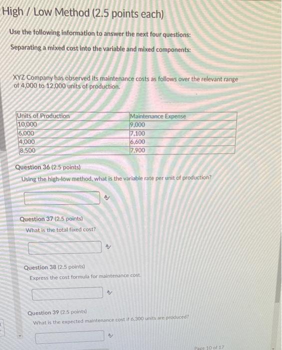 Solved High / Low Method (2.5 points each) Use the following | Chegg.com