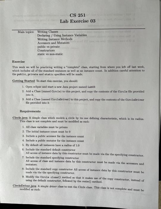 CS 251 Lab Exercise 03 Main topics: Writing Classes | Chegg.com
