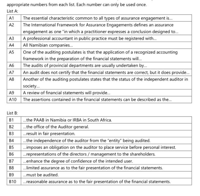 Solved appropriate numbers from each list. Each number can | Chegg.com