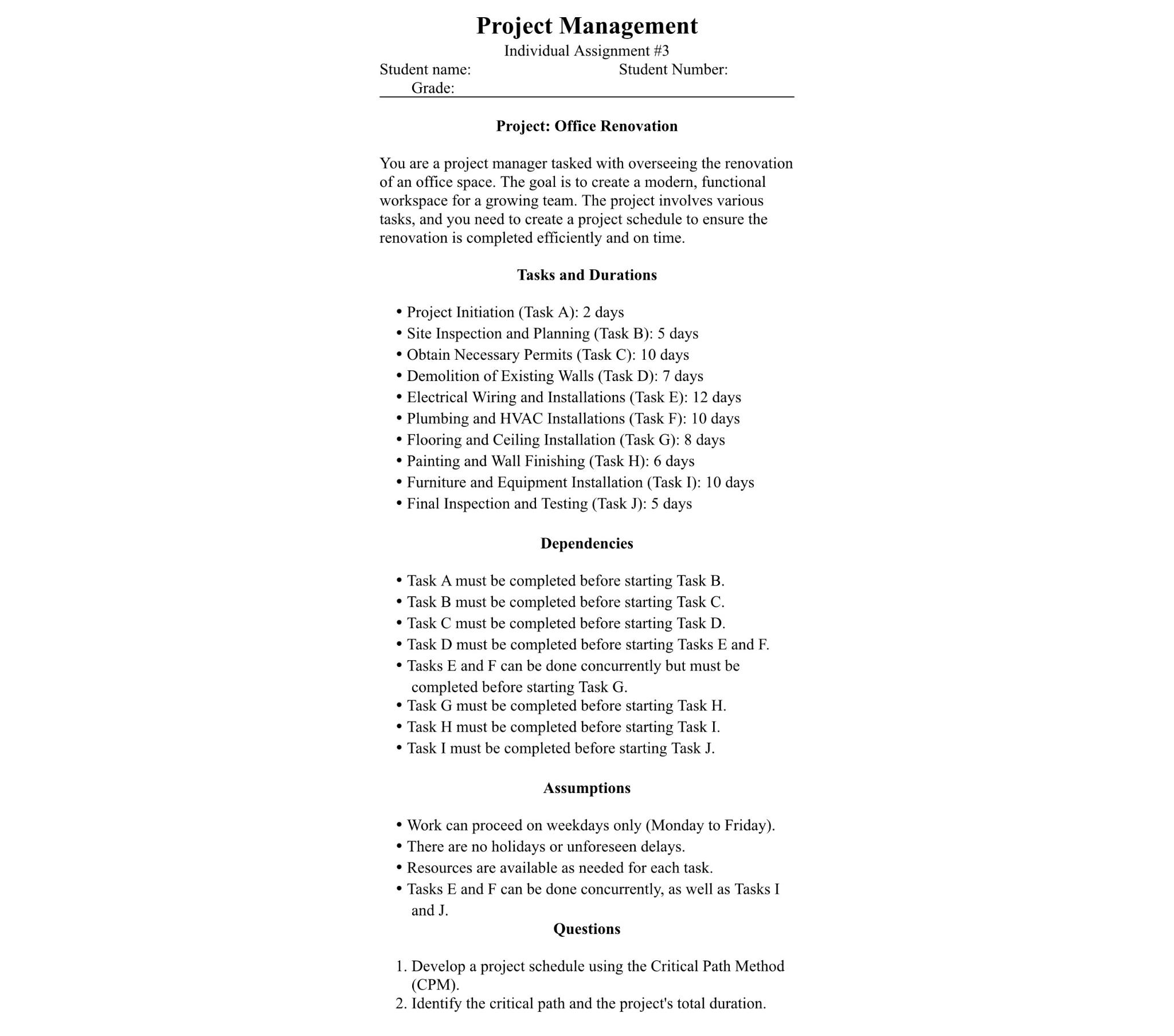 Solved Project ManagementIndividual Assignment #3Student | Chegg.com