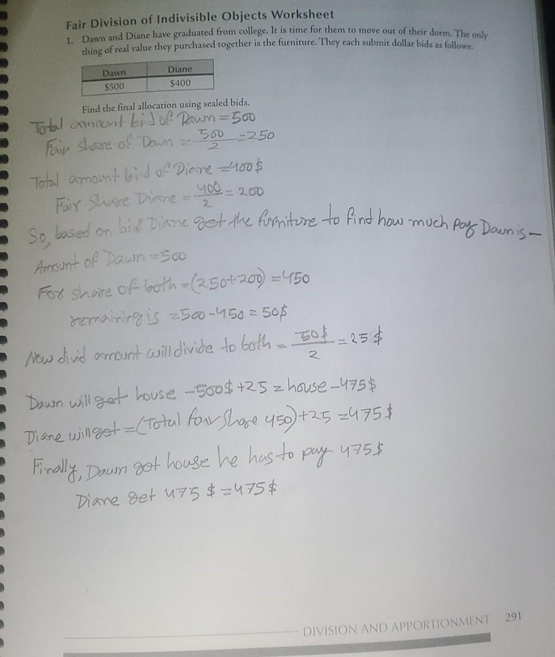 Fair Division of Indivisible Objects Worksheet 1. | Chegg.com