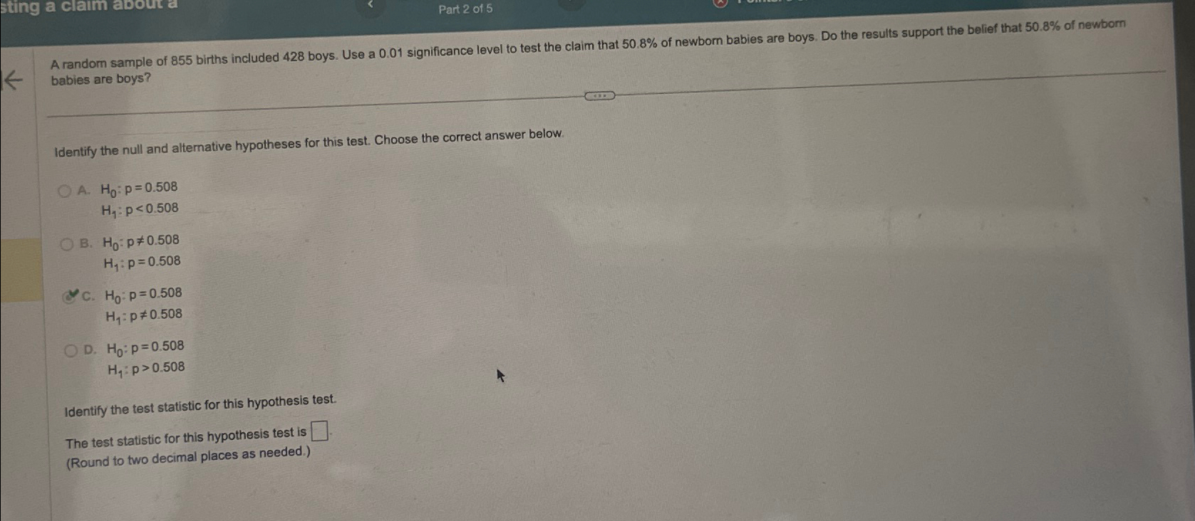 Solved Part 2 ﻿of 5A random sample of 855 ﻿births included | Chegg.com