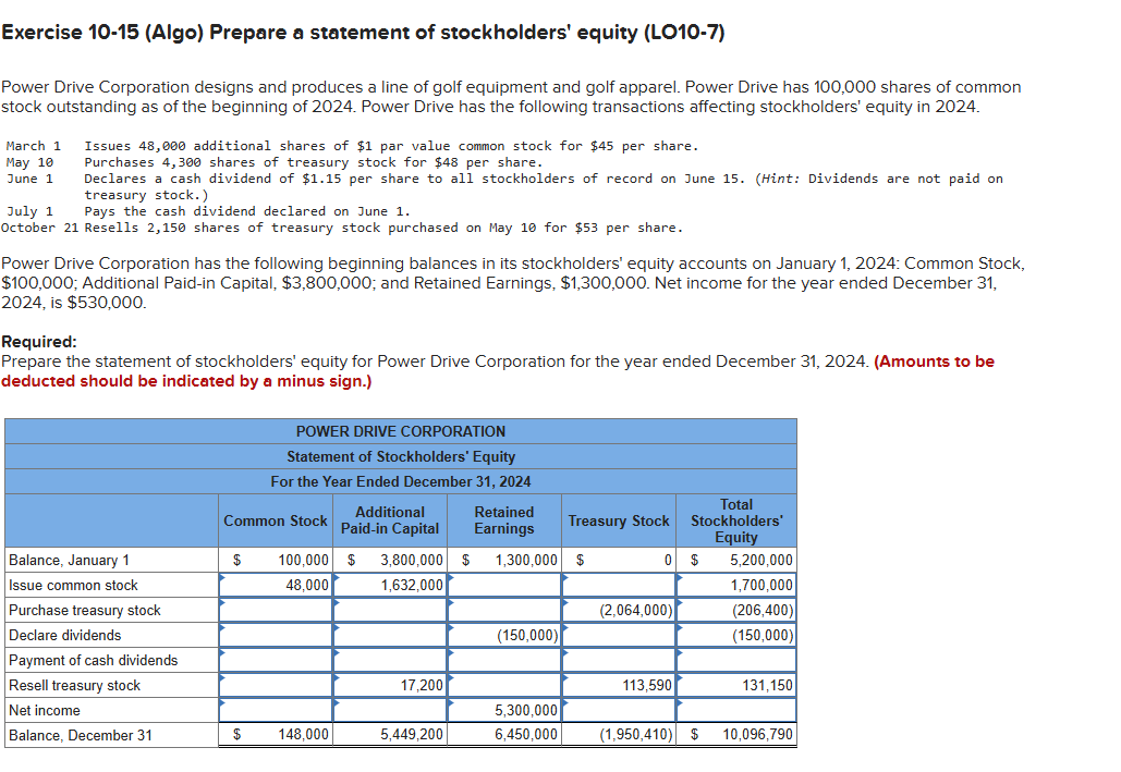 Solved Exercise 10-15 (Algo) ﻿Prepare a statement of | Chegg.com