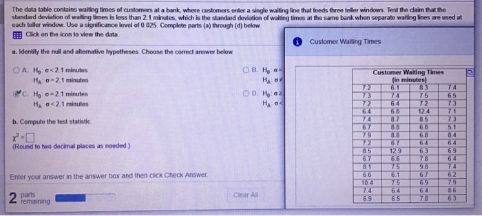 Solved The data table contains waiting times of customers at | Chegg.com
