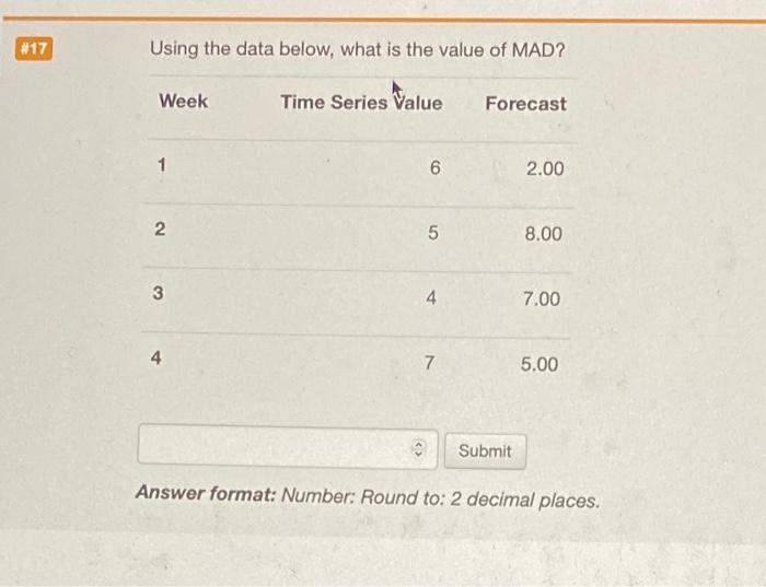 Solved Using the data below, what is the value of MAD? | Chegg.com