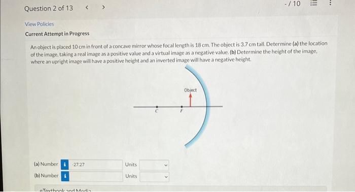 Solved An object is placed 10 cm in front of a concave | Chegg.com