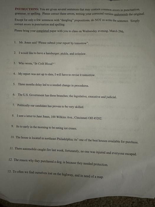 INSTRUCTIONS: You are given several sentences that | Chegg.com