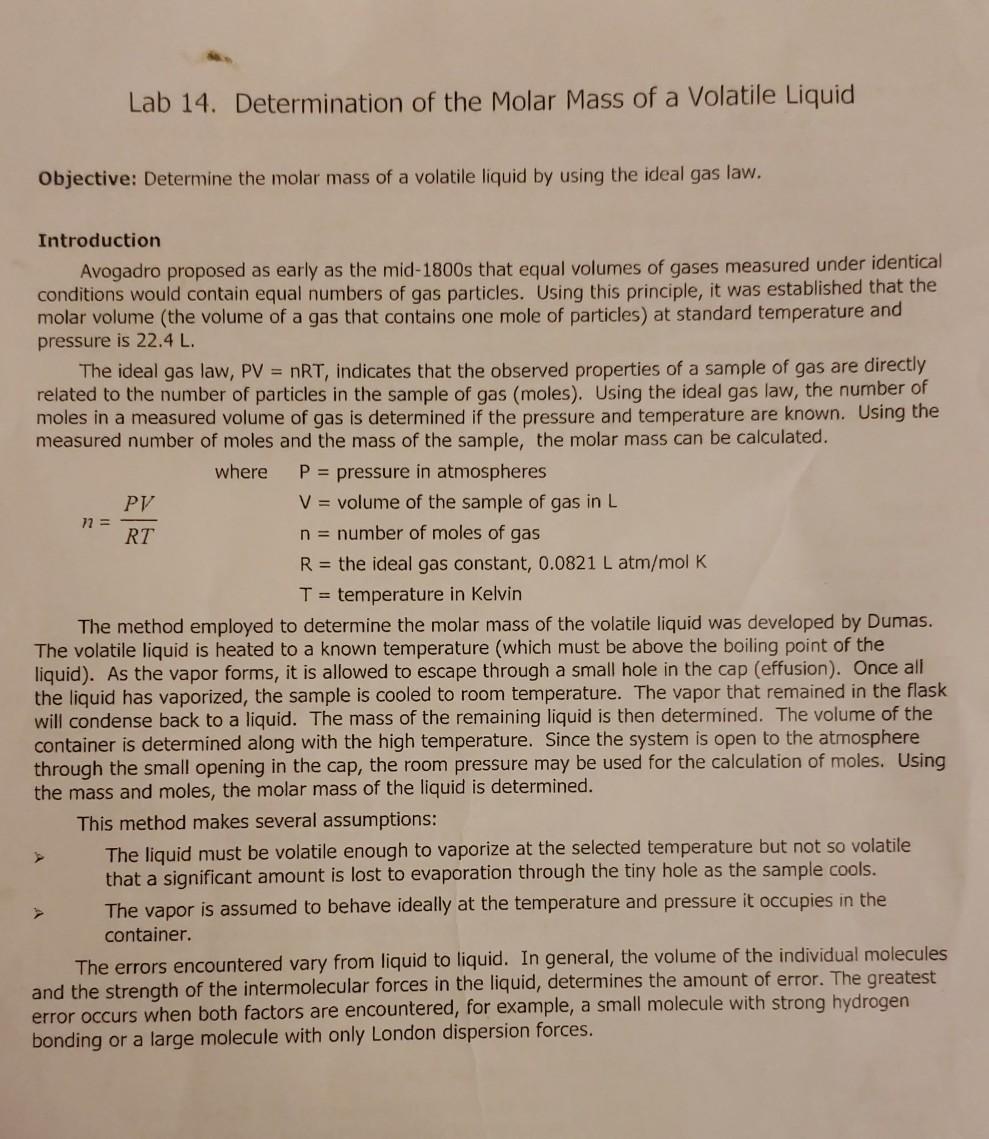 Solved Lab 14. Determination of the Molar Mass of a Volatile | Chegg.com