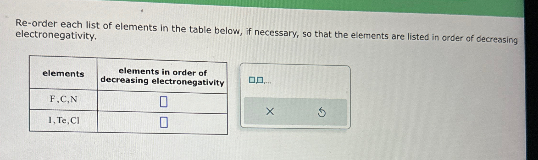 Solved Re-order each list of elements in the table below, if | Chegg.com