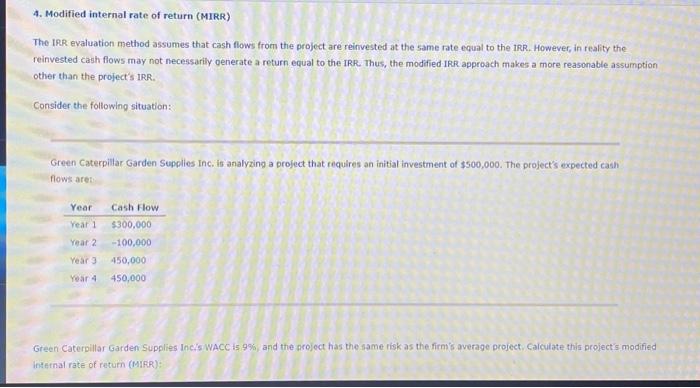 Solved 4. Modified internal rate of return (MIRR) The IRR | Chegg.com