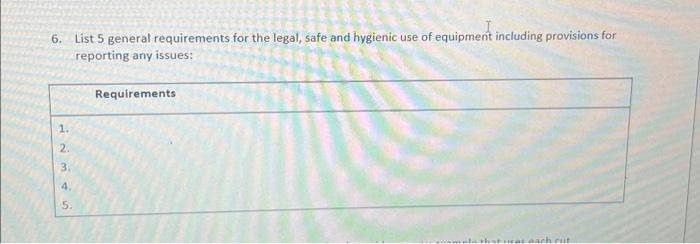 Solved 6. List 5 general requirements for the legal, safe | Chegg.com