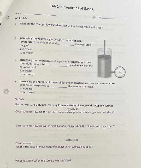 Solved Lab 14: Properties of Gases Name: Section: IV. Prelab | Chegg.com