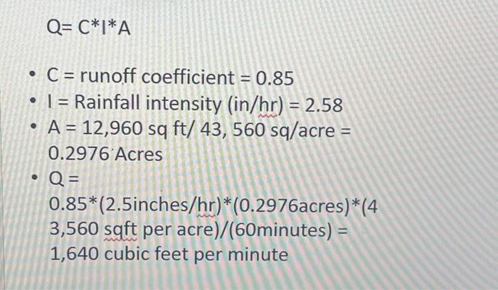 Solved Q=C∗I∗ A - C= runoff coefficient =0.85 - I= Rainfall | Chegg.com