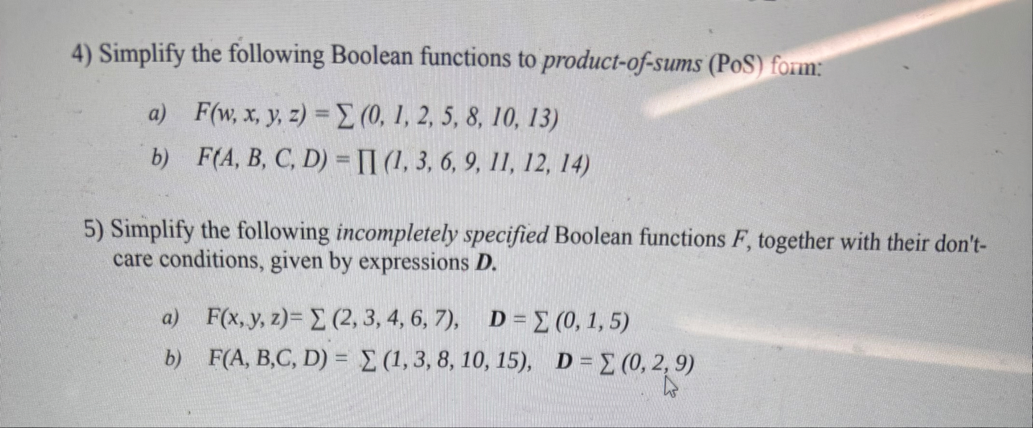 Solved Simplify the following Boolean functions to | Chegg.com