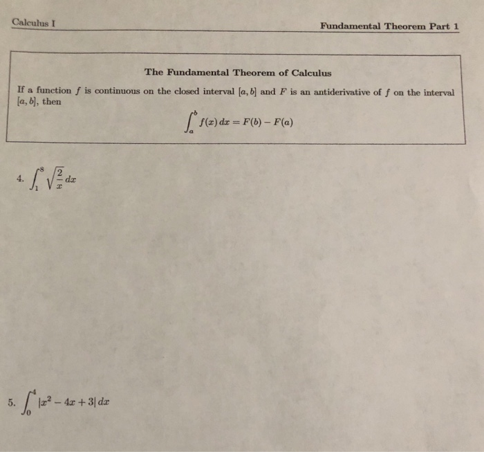 Solved Calculus I Fundamental Theorem Part 1 The Fundamental | Chegg.com