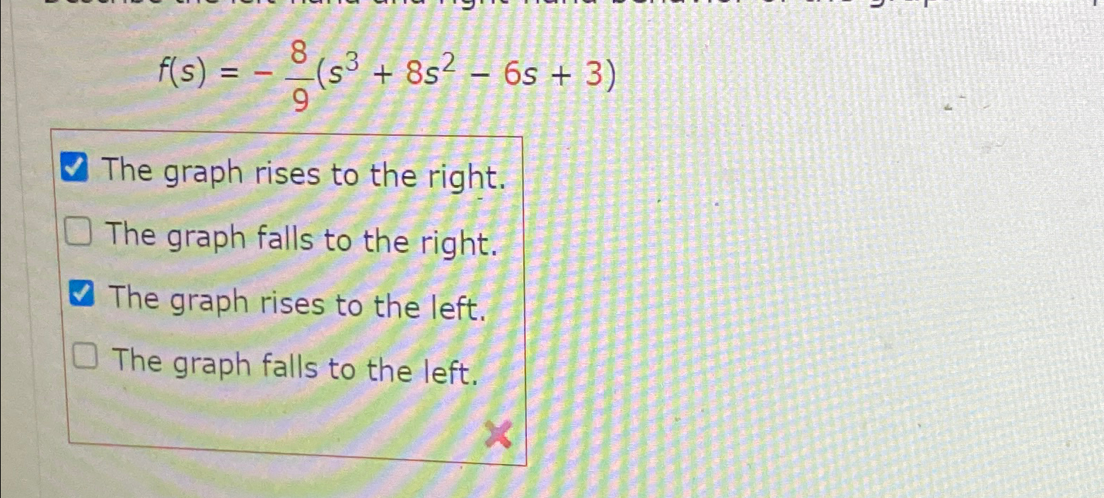 Solved f(s)=-89(s3+8s2-6s+3)The graph rises to the right.The | Chegg.com