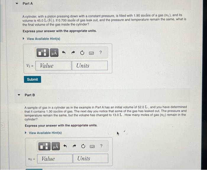 Solved A cylinder, with a piston pressing down with a | Chegg.com