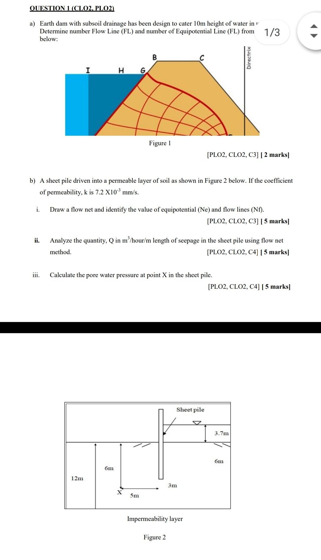 Solved QUESTION 1 (CLO2, PLO2) a) Earth dam with subsoil | Chegg.com