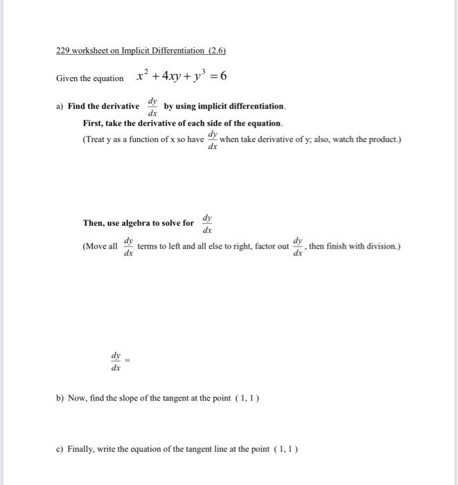 Solved 229 worksheet on Implicit Differentiation (2.6) Given | Chegg.com