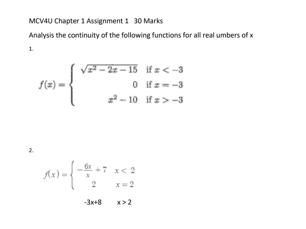 Solved MCV4U Chapter 1 Assignment 130 Marks Analysis the | Chegg.com