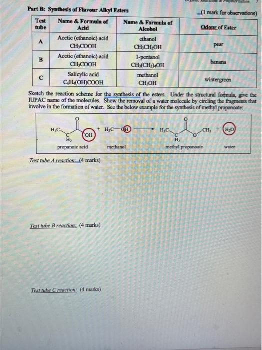 Solved Part B: Synthesis of Flavour Ankyl Esters Q mark for | Chegg.com