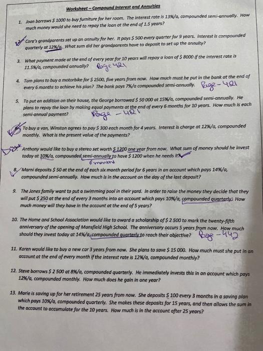 Solved Worksheet-Compound Interest and Annuities 1. Jean | Chegg.com
