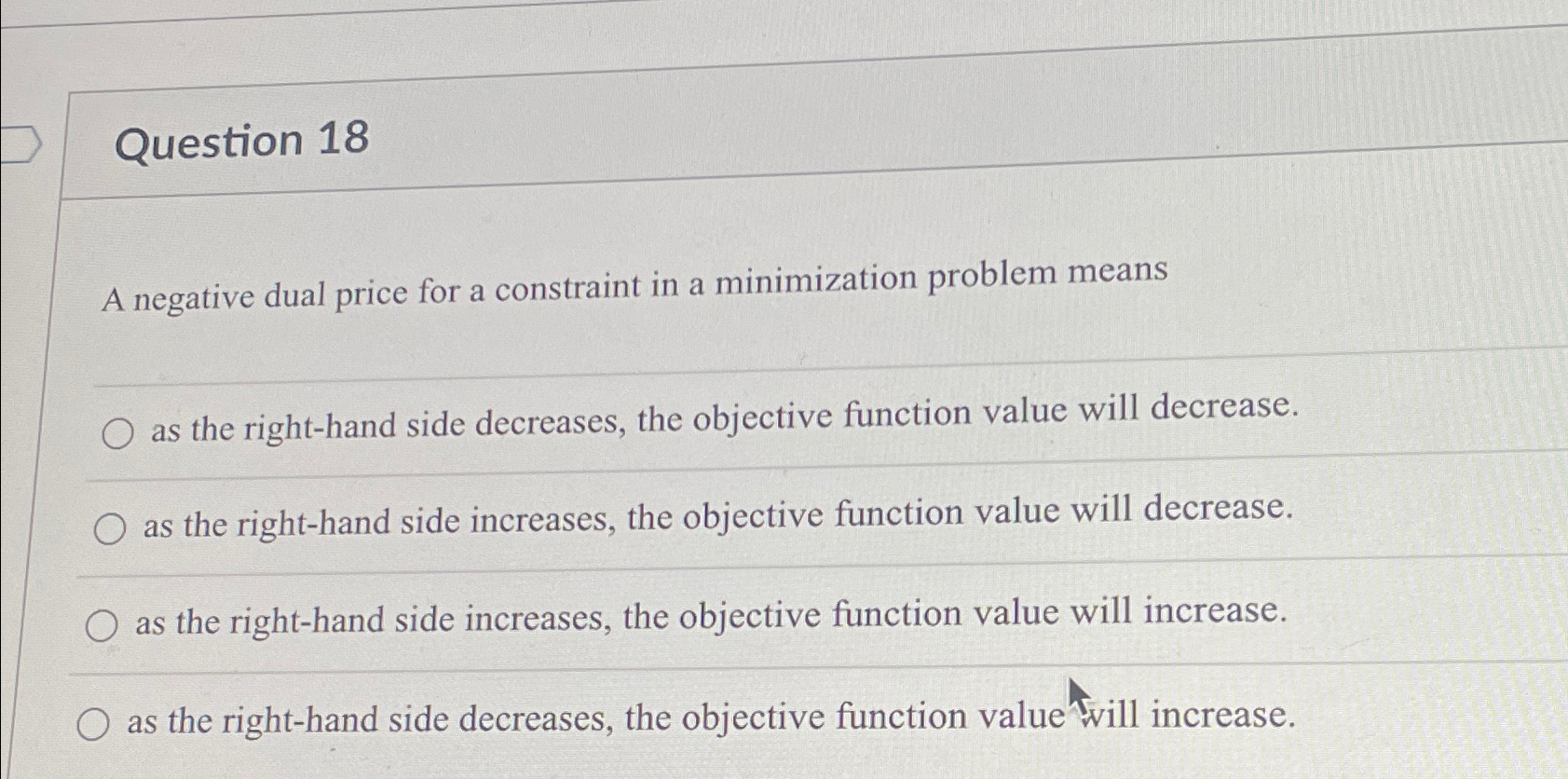 Solved Question 18A negative dual price for a constraint in | Chegg.com