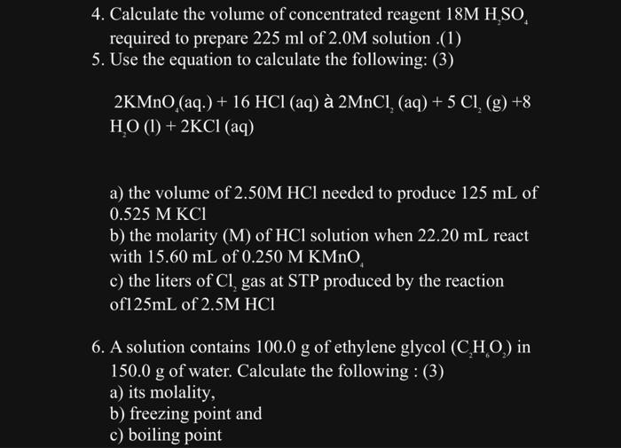 Solved 4. Calculate the volume of concentrated reagent | Chegg.com