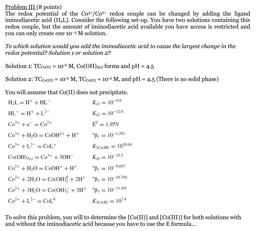 Solved Problem III (8 ﻿points)The redox potential of the | Chegg.com