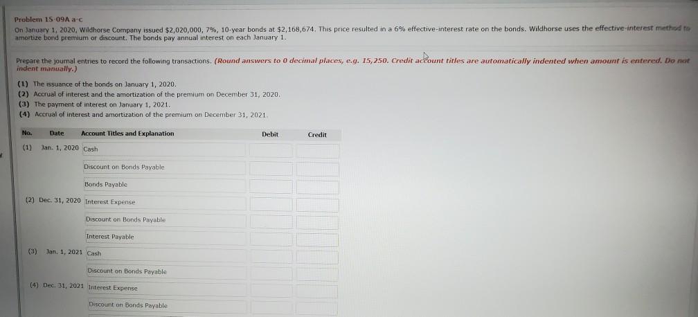 Solved Problem 15 09A a-c On January 1, 2020, Wildhorse | Chegg.com