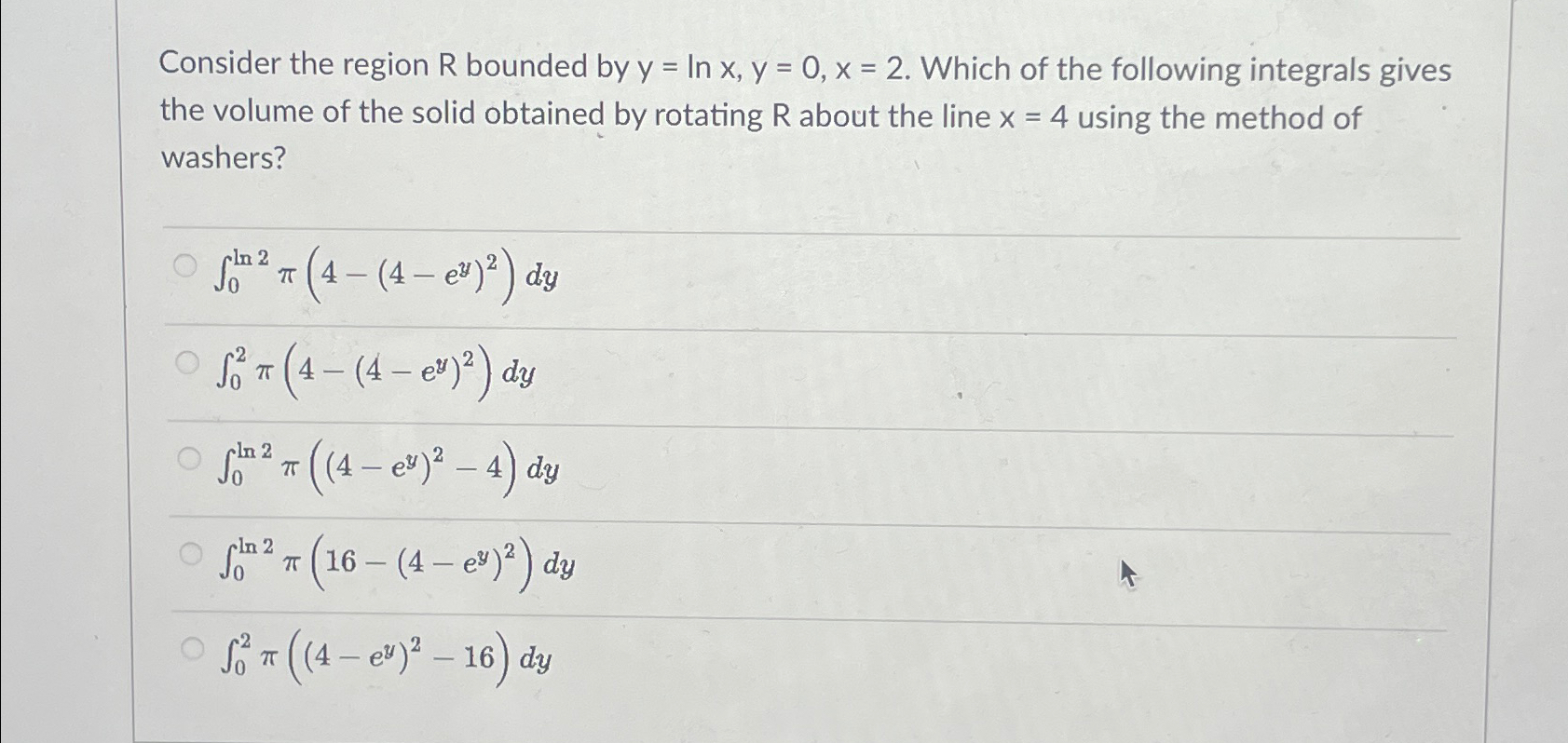 Solved Consider the region R ﻿bounded by y=lnx,y=0,x=2. | Chegg.com