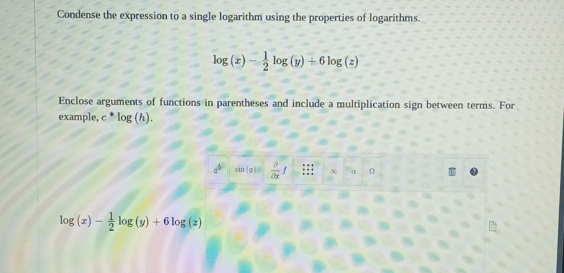 Solved Condense the expression to a single logarithm using | Chegg.com