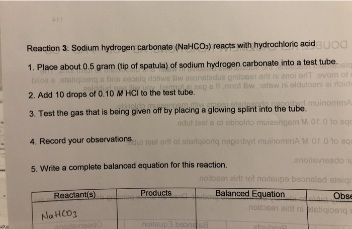 Solved Reaction 3: Sodium hydrogen carbonate (NaHCO3) reacts | Chegg.com