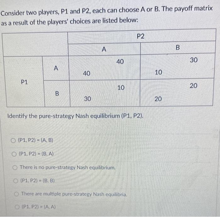 Solved Consider two players, P1 and P2, each can choose A or | Chegg.com