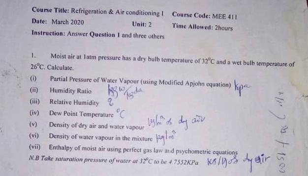 Course Title: Refrigeration \& Air conditioning I | Chegg.com